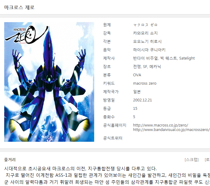 [쪽지] 마크로스 제로 [OVA] 01-05완결 -전쟁물 SF 메카닉 액션-