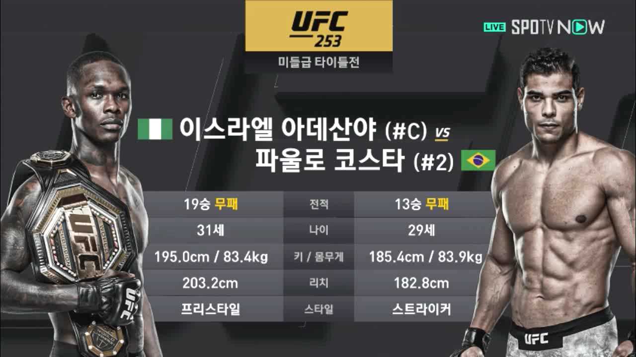 UFC 253 메인카드 아데산야 vs 코스타외 전경기 모음 200927